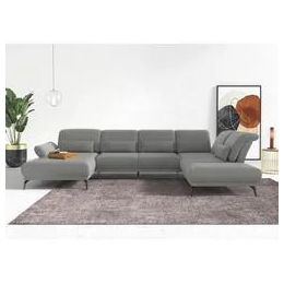 Wohnlandschaft Inosign "Coco U-Form" Sofas Gr. B/H/T: 382 cm x 88 cm x 242 cm, Breitcord, mega-Recamiere links, ohne Sitztiefenverstellung-ohne Armteilverstellung-ohne Kopfteilverstellung-mit Federkern, silberfarben (silber) Sitztiefen-, Arm- und Kopfteilverstellung, Cord-Bezug, Fußhöhe 15 cm