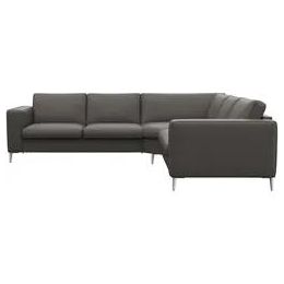 Ecksofa FLEXLUX "Fiore, gleichschenklig, super Sitzkomfort durch Kaltschaum im Sitz" Sofas Gr. B/H/T: 257cm x 85cm x 92cm, Echtleder, Schenkel links, grau (warm mineral) breite Armlehnen, Füße Alu