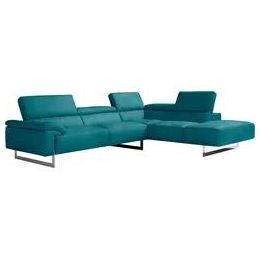 Ecksofa Egoitaliano "Malika" Sofas Gr. B/H/T: 300cm x 94cm x 107cm, Luxus-Microfaser BLUSH, Ottomane rechts, mit Kopfteilverstellung, blau (teal) mit Ottomane, inkl. Kopfteilverstellung und chromfarbenen Metallfüßen