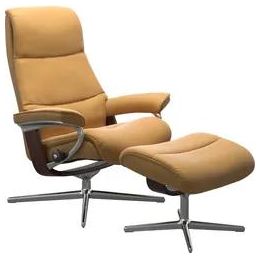 Relaxsessel stressless "View" Sessel Gr. Leder PALOMA, Cross Base, Rela x funktion-Drehfunktion-PlusTMSystem-Gleitsystem-BalanceAdaptTM, Maße B/H/T, gelb (honey) mit Cross Base, Größe S, M & L, Holzakzent Braun