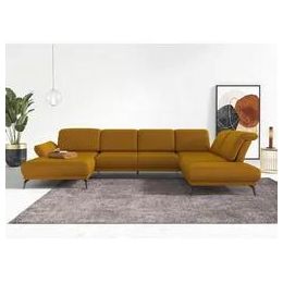 Wohnlandschaft Inosign "Coco U-Form" Sofas Gr. B/H/T: 382cm x 88cm x 242cm, Breitcord, mega-Recamiere links, ohne Sitztiefenverstellung-ohne Armteilverstellung-ohne Kopfteilverstellung-mit Federkern, gelb (mustard) Sitztiefen-, Arm- und Kopfteilverstellung, Cord-Bezug, Fußhöhe 15 cm