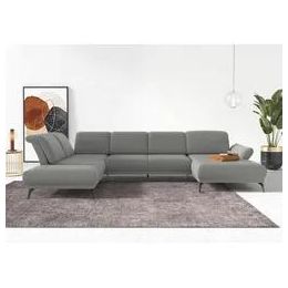 Wohnlandschaft Inosign "Coco U-Form" Sofas Gr. B/H/T: 382 cm x 88 cm x 242 cm, Breitcord, mega-Recamiere rechts, ohne Sitztiefenverstellung-ohne Armteilverstellung-ohne Kopfteilverstellung-mit Federkern, silberfarben (silber) Sitztiefen-, Arm- und Kopfteilverstellung, Cord-Bezug, Fußhöhe 15 cm