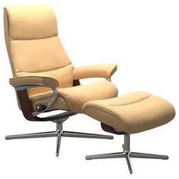 Relaxsessel stressless "View" Sessel Gr. Leder BATICK, Cross Base, Rela x funktion-Drehfunktion-PlusTMSystem-Gleitsystem-BalanceAdaptTM, Maße B/H/T, gelb mit Cross Base, Größe S, M & L, Holzakzent Braun