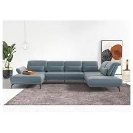 Wohnlandschaft Inosign "Coco U-Form" Sofas Gr. B/H/T: 382cm x 88cm x 242cm, Breitcord, mega-Recamiere links, ohne Sitztiefenverstellung-ohne Armteilverstellung-ohne Kopfteilverstellung-mit Federkern, blau (blau, grau) Sitztiefen-, Arm- und Kopfteilverstellung, Cord-Bezug, Fußhöhe 15 cm