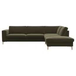 Ecksofa FLEXLUX "Fiore, Sitzaufbau mit hochwertigem Kaltschaum für mehr Sitzkomfort" Sofas Gr. B/H/T: 273cm x 85cm x 225cm, Velvet, Ottomane rechts, grün (moss grün) breite Armlehnen, L-Form, Füße AluEiche