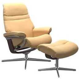 Relaxsessel stressless "Sunrise" Sessel Gr. Material Bezug, Material Gestell, Ausführung / Funktion, Maße B/H/T, gelb mit Hocker, Cross Base, Größe S, M & L, Holzakzent Wenge