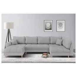 Wohnlandschaft Home Affaire "CHARRE U-Form, incl. 3 Zierkissen" Sofas Gr. B/H/T: 310 cm x 81 cm x 161 cm, Cord, Recamiere links, grau (hellgrau) auch in Cord und Bouclé, feine Steppung, lose Rückenkissen