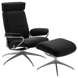 Relaxsessel stressless "Paris" Sessel Gr. Leder PALOMA, Star Base-Standard Base, PlusTMSystem-Gleitsystem-Relaxfunktion-Drehfunktion-Kopfstützenverstellung-Rückteilverstellung, B/H/T: 80cm x 98cm x 75cm, schwarz (schwarz paloma) mit Hocker, Low Back Kopfstütze, Star Base, Gestell Chrom