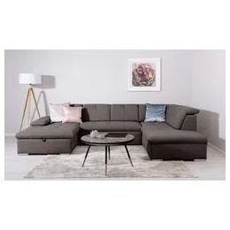 Wohnlandschaft Home Affaire "KARDA B/T/H: 328/215/95 cm, Liegefläche 256/126 cm" Sofas Gr. B/H/T: 328cm x 95cm x 215cm, Struktur, Ottomane links, grau (anthrazit) verstellbare Kopfstützen und Armlehne, U-form, Bettkasten, Federkern