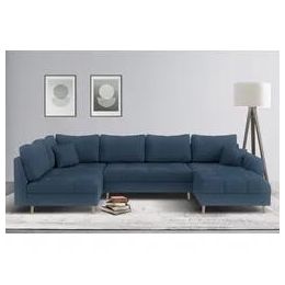 Wohnlandschaft Home Affaire "CHARRE U-Form, incl. 3 Zierkissen" Sofas Gr. B/H/T: 310 cm x 81 cm x 161 cm, Cord, Recamiere rechts, blau (dunkelblau) auch in Cord und Bouclé, feine Steppung, lose Rückenkissen