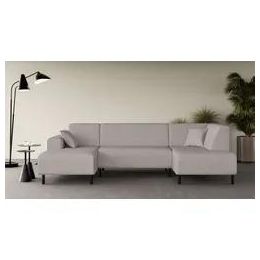 Wohnlandschaft Home Affaire "Wohnlandschaft Arros U-Form, mit Wellenunterfederung" Sofas Gr. B/H/T: 300 cm x 81 cm x 163 cm, Struktur 2, Recamiere links, grau (hellgrau) incl. loser Zierkissen, Maße BTH: 30016381 cm, auch in Cord