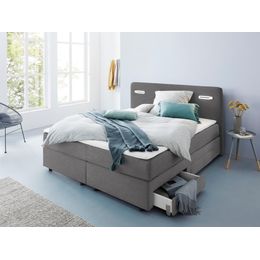 Boxbett Inosign "Luan", grau, B:187cm L:211cm, Komplettbetten, Boxspringbett, Schubkästen, LED-Beleuchtung und Topper, in Breite 120 cm und 180 cm