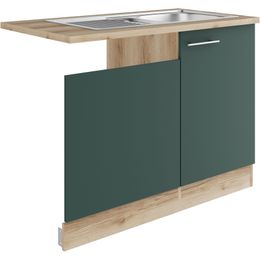 Spülenschrank Optifit "Bella" Schränke Gr. B/H/T: 110 cm x 84,8 cm x 60 cm, 2 St., grün (steingrün, wildeiche, wildeiche) Spülenschränke Breite 110 cm, für teilintegrierten Geschirrspüler