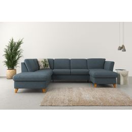 Wohnlandschaft Home Affaire "Trelleborg U-Form", blau (blaugrau), B:307cm H:86cm T:213cm, 100% Polyester, Sofas, Wohnlandschaft, Federkern-Polsterung, wahlweise mit Bettfunktion und Stauraum