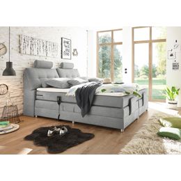 Boxspringbett ED EXCITING DESIGN "Palermo", grau (grau, soro 90 light grau), B:180cm L:234cm, 100% Polyester, Komplettbetten, Boxspringbett, inkl. Motor, Topper, Kopfstütze und Stauraum im Kopfteil