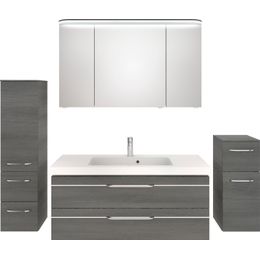 Badmöbel-Set SAPHIR "Balto Sprint 4-teilig, Mineralmarmor-Waschtisch mit LED-Spiegelschrank" Kastenmöbel-Sets Gr. B/H/T: 183 cm x 200 cm x 50,8 cm, 1 Mineralmarmor-Waschtisch weiß-1 Waschtischunterschrank mit 2 Auszügen-1 Spiegelschrank mit 3 Drehtüren-1 LED-Lichtkranz-1 Unterschrank mit 1 Drehtür, 1 Auszug-1 Midischrank mit 1 Drehtür, 2 Auszügen, grau (graphit struktur quer nachbildung) Bad-Spars