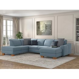 Sit & More Wohnlandschaft SIT & MORE "Dundee U-Form", blau (hellblau), B:338cm H:86cm T:219cm, Sofas, Wohnlandschaft, mit Federkern und Massivholzf&uuml;&szlig;en, wahlweise mit Kopfteilverstellung