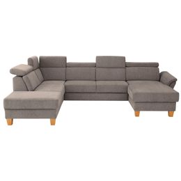 Wohnlandschaft Home Affaire "Conville U-Form", braun (latte), B:322cm H:84cm T:217cm, 100% Polyester, Sofas, Wohnlandschaft, Kopfteilverstellung wahlweise mit Bettfunktion und Bettkasten