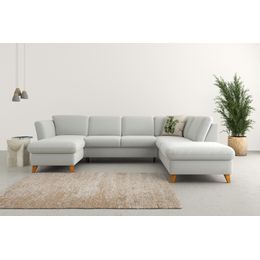 Wohnlandschaft Home Affaire "Trelleborg U-Form", grau (hellgrau), B:307cm H:86cm T:213cm, 100% Polyester, Sofas, Wohnlandschaft, Federkern-Polsterung, wahlweise mit Bettfunktion und Stauraum