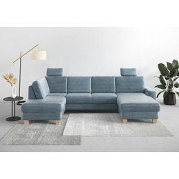 Wohnlandschaft Home Affaire "Summer U-Form", blau (blau, grau), B:314cm H:91cm T:170cm, 100% Polyester, Sofas, Wohnlandschaft, mit oder ohne Bettfunktion und Bettkasten, Cord-Bezug