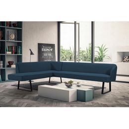 Eckbank exxpo - SOFA FASHION "Americano" Sitzbänke Gr. B/H/T: 249 cm x 83 cm x 157 cm, Webstoff, langer Schenkel rechts, blau (denim) mit Keder und Metallfüßen, Bezug in verschiedenen Qualitäten