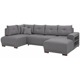 Wohnlandschaft Home Affaire "Viborg U-Form", grau, B:300cm H:91cm T:162cm, Filzoptik (100% Polyester);Struktur (100% Polyester);Struktur fein ( 100% Polyester), Sofas, Wohnlandschaft, mit Regal in der Armlehne, wahlweise mit Bettfunktion