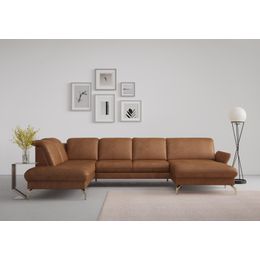Sit & More Wohnlandschaft SIT & MORE "Fashion U-Form", braun (cognac), B:338cm H:84cm T:207cm, Sofas, Wohnlandschaft, wahlweise mit Kopfteilverstellung, Vorziehsitz, motorisch, Nickelf&uuml;&szlig;e