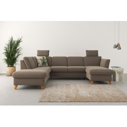 Wohnlandschaft Home Affaire "Trelleborg U-Form", beige (dunkelbeige), B:307cm H:86cm T:213cm, 100% Polyester, Sofas, Wohnlandschaft, Federkern-Polsterung, wahlweise mit Bettfunktion und Stauraum
