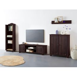 Wohnwand Home Affaire "Mette", braun (dunkelbraun), Massivholz, Kastenmöbel-Sets, 1 Midischrank, 1 Bücherregal und 1 Lowboard ohne Wandboard
