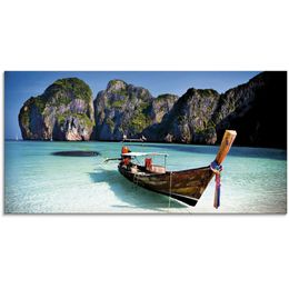 Glasbild Artland "Maya Bay, Koh Phi Leh, Thailand" Bilder Gr. B/H: 100 cm x 50 cm, Boote & Schiffe, 1 St., blau Glasbilder in verschiedenen Größen