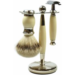 Rasierset Golddachs Rasiersets beige (elfenbeinfarben, silberfarben) Rasier Set mit klassischem Rasierhobel und Pinsel (Zupfhaar)