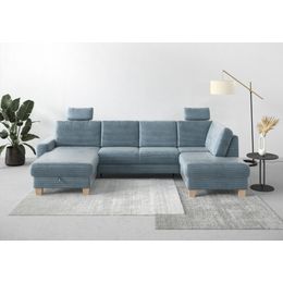 Wohnlandschaft Home Affaire "Summer U-Form", blau (blau, grau), B:314cm H:91cm T:170cm, 100% Polyester, Sofas, Wohnlandschaft, mit oder ohne Bettfunktion und Bettkasten, Cord-Bezug