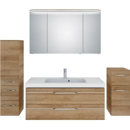 Badmöbel-Set SAPHIR "Balto Sprint 4-teilig, Mineralmarmor-Waschtisch mit LED-Spiegelschrank" Kastenmöbel-Sets Gr. B/H/T: 183 cm x 200 cm x 50,8 cm, 1 Mineralmarmor-Waschtisch weiß-1 Waschtischunterschrank mit 2 Auszügen-1 Spiegelschrank mit 3 Drehtüren-1 LED-Lichtkranz-1 Unterschrank mit 1 Drehtür, 1 Auszug-1 Midischrank mit 1 Drehtür, 2 Auszügen, braun (riviera eiche quer nachbildung) Bad-Sparset