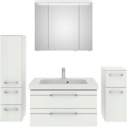 Badmöbel-Set SAPHIR "Balto Sprint 4-teilig, Mineralmarmor-Waschtisch mit LED-Spiegelschrank" Kastenmöbel-Sets Gr. B/H/T: 152 cm x 200 cm x 50,8 cm, 1 Mineralmarmor-Waschtisch weiß-1 Waschtischunterschrank mit 2 Auszügen-1 Spiegelschrank mit 3 Drehtüren-1 LED-Lichtkranz-1 Unterschrank mit 1 Drehtür, 1 Auszug-1 Midischrank mit 1 Drehtür, 2 Auszügen, weiß (weiß hochglanz, glanz) Bad-Sparsets Midischr