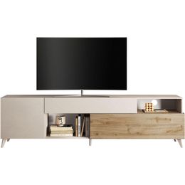 Lowboard Inosign "Monaco Breite 241 cm, TV-Schrank mit 1 Tür, Klappe u. Schubkasten" Sideboards Gr. B/H/T: 241 cm x 67 cm x 42 cm, 1, weiß (cashmere, eiche cadiz nb) Lowboards Fernsehtisch, TV-Board, SoftSelf Closing