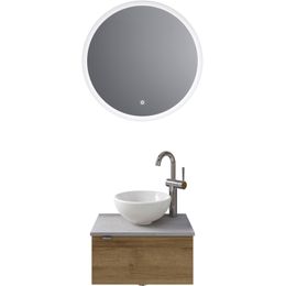 Badmöbel-Set SAPHIR "Serie 6915", grau (riviera eiche, oxid hellgrau), B:51cm H:200cm T:35cm, Kastenmöbel-Sets, Gäste-Bad, mit LED-Spiegel und 1 Tür