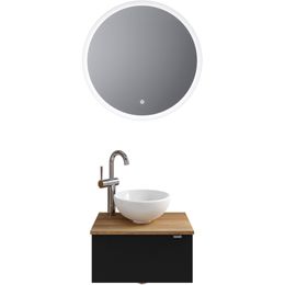Badmöbel-Set SAPHIR "Serie 6915", schwarz (schwarz matt select, riviera eiche), B:51cm H:200cm T:35cm, Kastenmöbel-Sets, Gäste-Bad, mit LED-Spiegel und 1 Tür