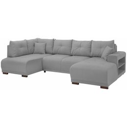 Wohnlandschaft Home Affaire "Viborg U-Form", grau (hellgrau), B:300cm H:91cm T:162cm, Filzoptik (100% Polyester);Struktur (100% Polyester);Struktur fein ( 100% Polyester), Sofas, Wohnlandschaft, mit Regal in der Armlehne, wahlweise mit Bettfunktion