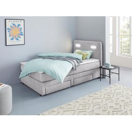 Boxbett Inosign "Luan", grau (platinum), B:127cm L:211cm, Komplettbetten, Boxspringbett, Schubkästen, LED-Beleuchtung und Topper, in Breite 120 cm und 180 cm