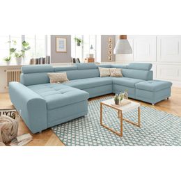 Sit & More Wohnlandschaft SIT & MORE "Riva U-Form", blau (aqua), B:337cm H:92cm T:95cm, Struktur (100% Polyester);Flachgewebe (100% Polyester);Luxus-Microfaser (100% Polyester), Sofas, Wohnlandschaft, wahlweise mit Bettfunktion