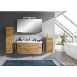 Badmöbel-Set SAPHIR "Cassca Sprint 4-teilig Mineralmarmor-Waschtisch mit LED-Spiegelschrank" Kastenmöbel-Sets Gr. B/H/T: 181 cm x 200 cm x 50,5 cm, 1 Mineralmarmor-Waschtisch weiß-1 Waschtischunterschrank mit 2 Auszügen, 2 Drehtüren-1 Spiegelschrank mit 3 Drehtüren-1 Aufsatzleuchte-1 Unterschrank mit 1 Drehtür, 1 Auszug-1 Midischrank mit 1 Drehtür, 2 Auszügen, braun (riviera eiche quer nachbildung