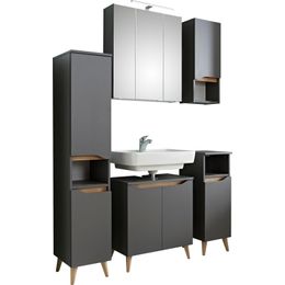 Badmöbel-Set SAPHIR "Quickset 5-teilig Waschbeckenunterschrank und LED-Spiegelschrank" Kastenmöbel-Sets grau (quarzgrau matt, akzent riviera eiche quer nb) Midischrank, Unterschrank, Hängeschrank, inkl. Türdämpfer, 9 Türen