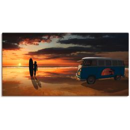 Wandbild Artland "Surfen in Kalifornien mit Bulli T1" Bilder Gr. B/H: 100 cm x 50 cm, Leinwandbild Küste, 1 St., orange als Alubild, Outdoorbild, Leinwandbild, Poster, Wandaufkleber