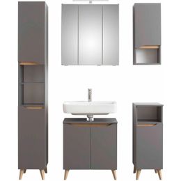 Badmöbel-Set SAPHIR "Quickset 5-teilig, Waschbeckenunterschrank mit LED-Spiegelschrank", grau (quarzgrau matt touch, quarzgrau matt, akzent riviera eiche quer nb), Kastenmöbel-Sets, Hochschrank, Unterschrank, Hängeschrank, inkl. Türdämpfer, 9 Türen