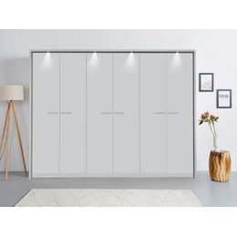 Drehtürenschrank Rauch "Oteli" Schränke Gr. B/H/T: 275 cm x 231 cm x 58 cm, mit Beleuchtung, 6 St., grau (seidengrau) inkl. Passepartout optional mit Beleuchtung