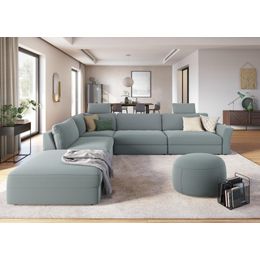 Sit & More Ecksofa SIT & MORE "Cadabra L-Form", blau (aqua), B:356cm H:80cm T:292cm, Samtoptik (100% Polyester);Soft clean (98% Polyester, 2% Polyamid);Struktur fein (100% Polyester), Sofas, Ecksofa, Breite 356 cm, mit Sitztiefenverstellung