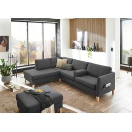 Ecksofa "Mailo L-Form", grau (anthrazit), B:255cm H:82cm, ATLANTIC HOME COLLECTION, Sofas, Ecksofa, mit Seitentaschen und Ottomane, mit Massivholzf&uuml;&szlig;en