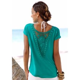 Strandshirt Lascana Gr. 32/34, blau (türkis) Damen Shirts Jersey mit Spitzeneinsatz, T-Shirt, lockere Passform, casual-chic Bestseller