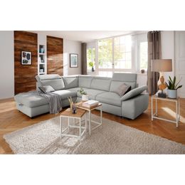 Ecksofa Home Affaire "Mauritius L-Form", silber, B:276cm T:232cm, Struktur fein (100% Polyester);Luxus-Microfaser Lederoptik (100% Polyester);Soft clean (98% Polyester, 2% Polyamid), Sofas, Ecksofa, mit Ottomane, mit Kopfteil- und Armlehnverstellung