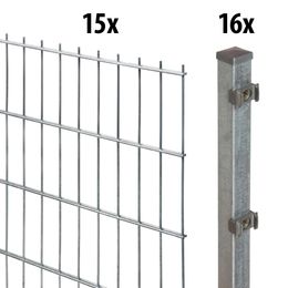 GARDEN 'N' MORE Doppelstabmattenzaun "Standard" Zaunelemente 15 Elemente für 30 m, LxH: 200 x 163 cm, mit 16 Pfosten Gr. H/L: 160 cm x 30 m, Pfosten: 16 St., grau (feuerverzinkt)